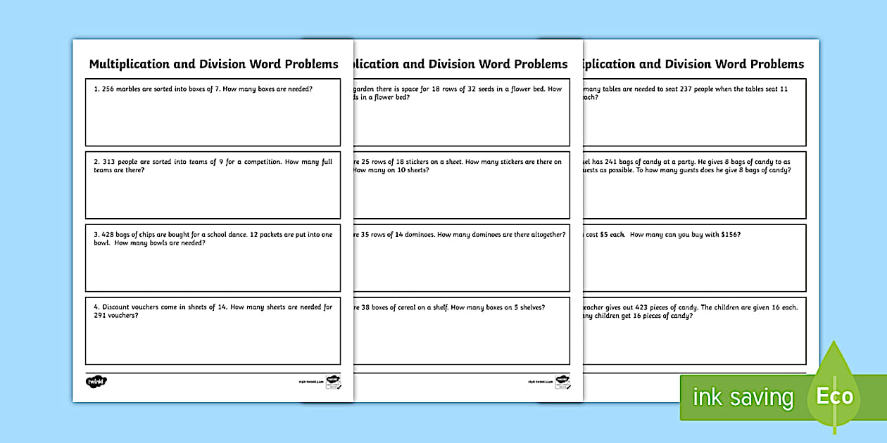Word Problems Using Multiplication and Division Worksheet for 3rd-5th Grade