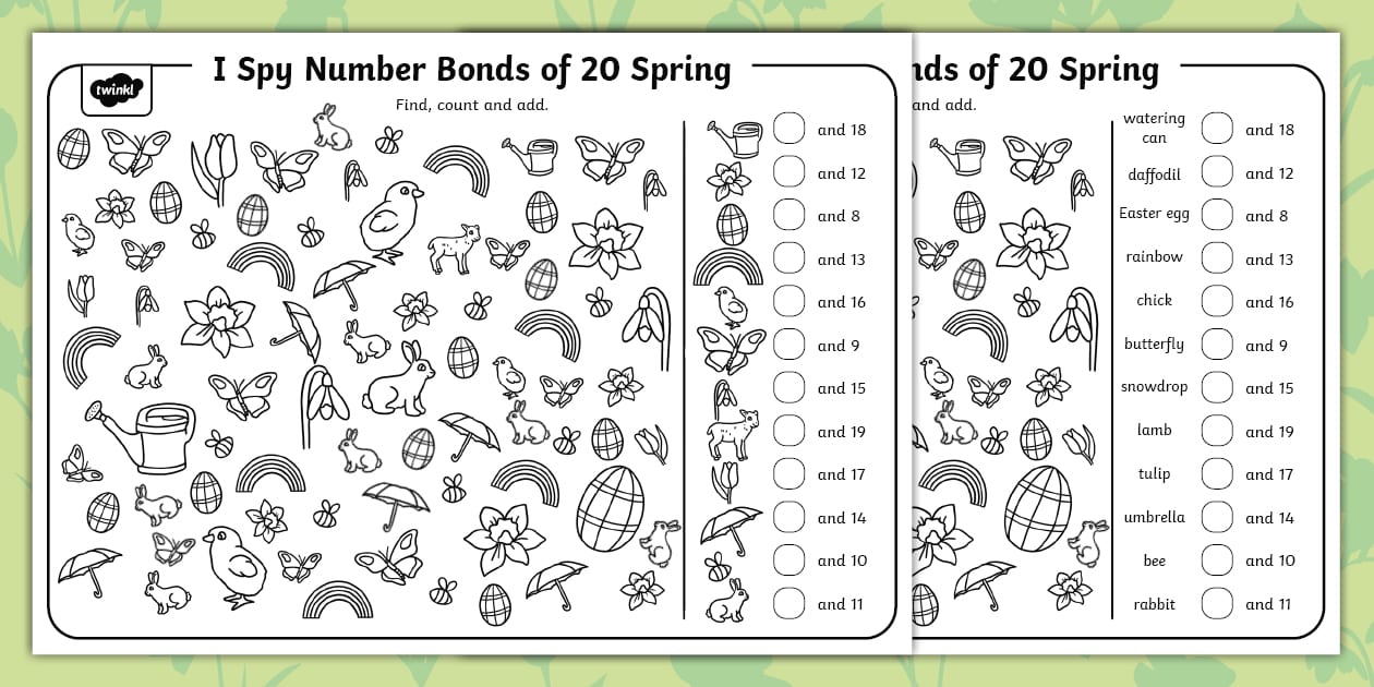 I Spy Number Bonds to 20 Spring Activity Sheet - Twinkl