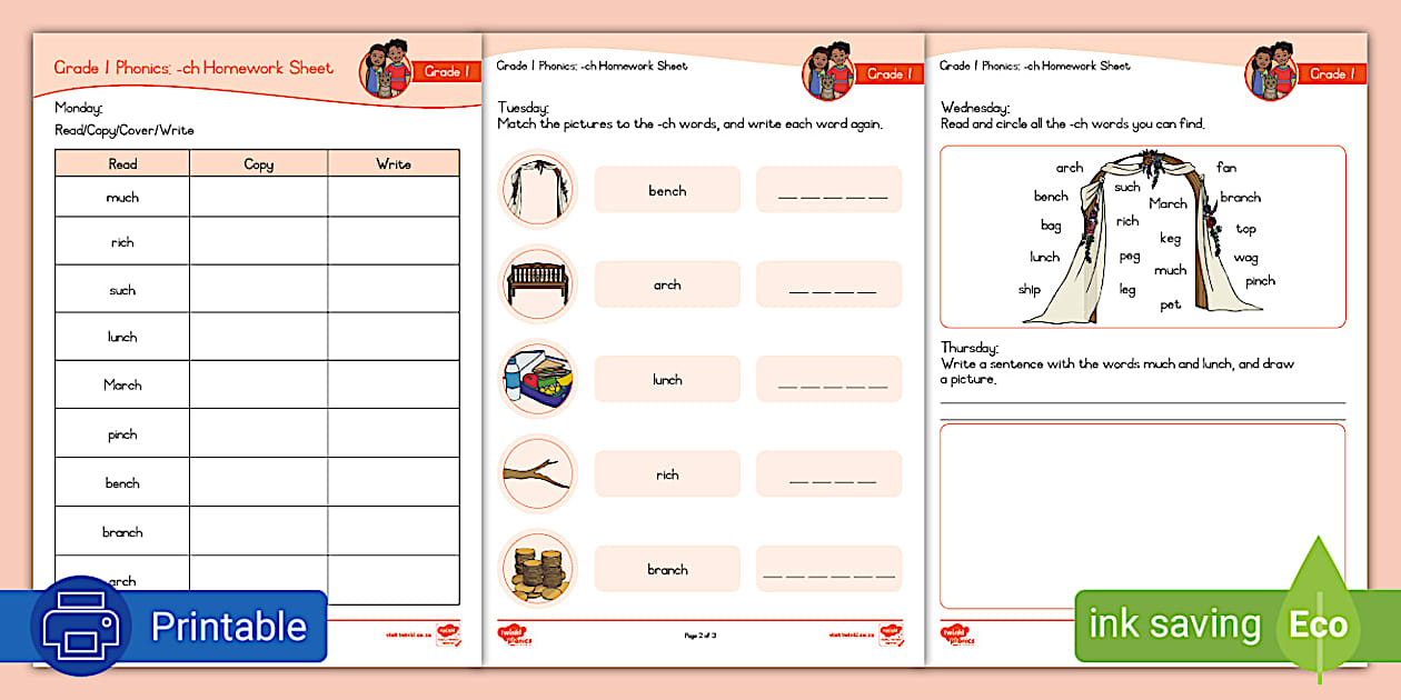 Grade 1 Phonics: -ch Homework Sheet
