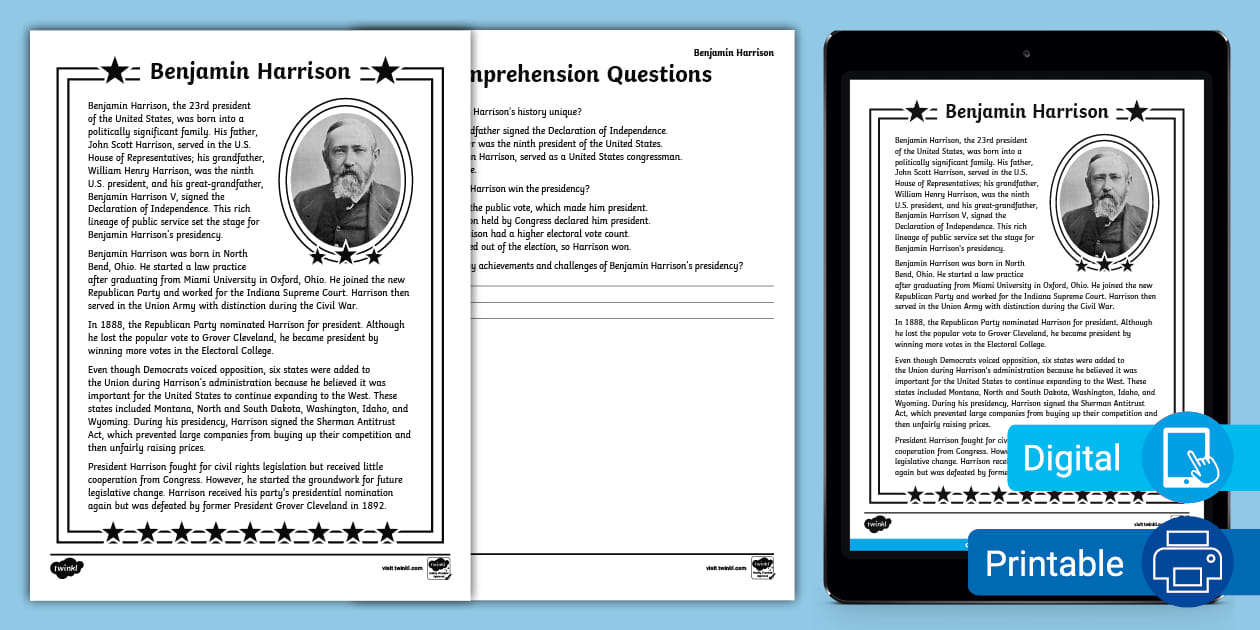 Benjamin Harrison Reading Passage Comprehension Worksheet