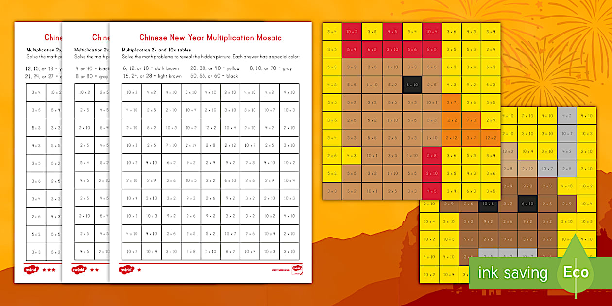 Chinese New Year Animals Multiplication Mosaics Worksheet