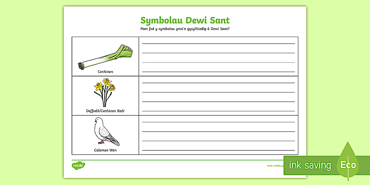 Taflen Weithgaredd Ysgrifennu - Symbolau Dewi Sant - Twinkl