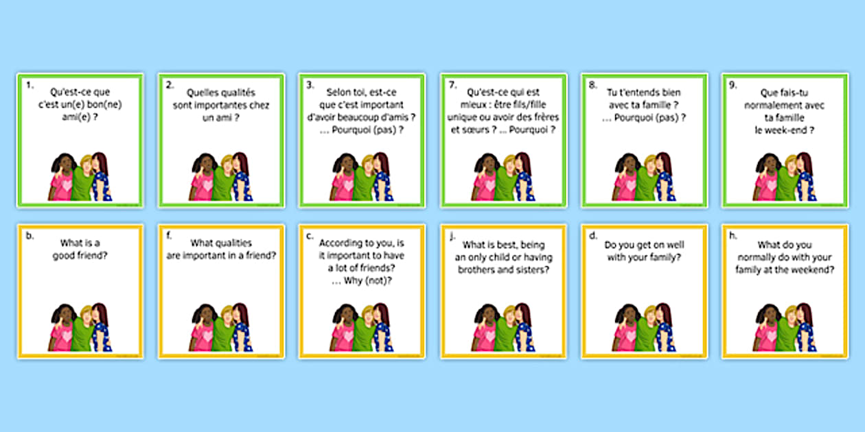 Black and White Me, My Family and Friends Question Pair Cards French
