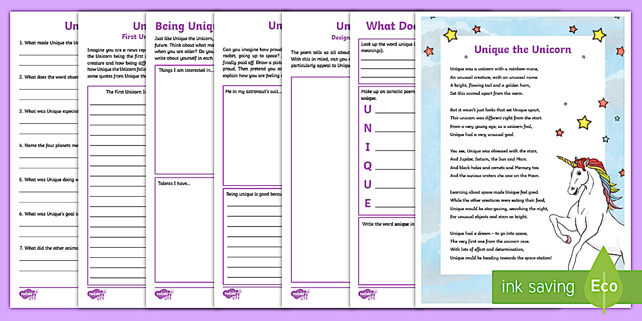 Unique the Unicorn Being Unique Activity Pack (teacher made)