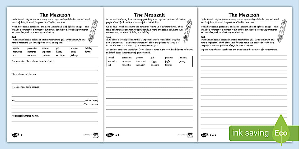 Middle Ability The Mezuzah Differentiated Writing Worksheets