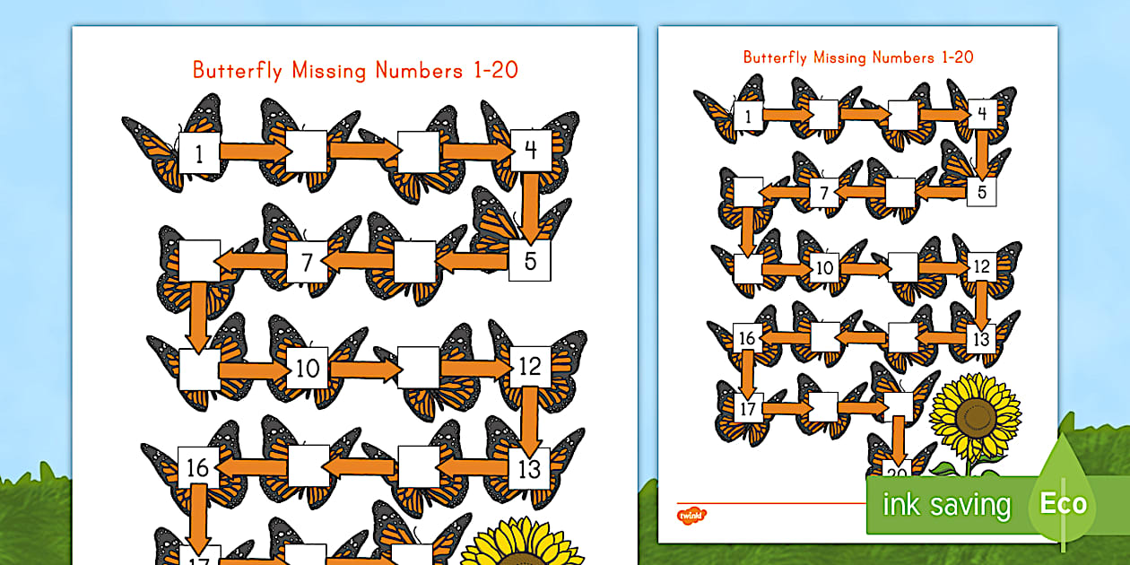 Butterfly Missing Numbers 1-20 Activity Worksheet - Twinkl