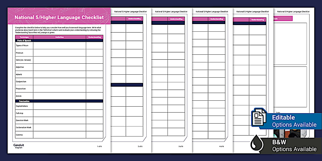 National 5/Higher English Language Checklist (teacher made)