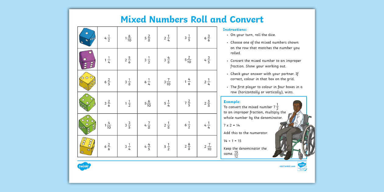 👉 Mixed Numbers Roll and Convert Maths Game - Twinkl - KS2