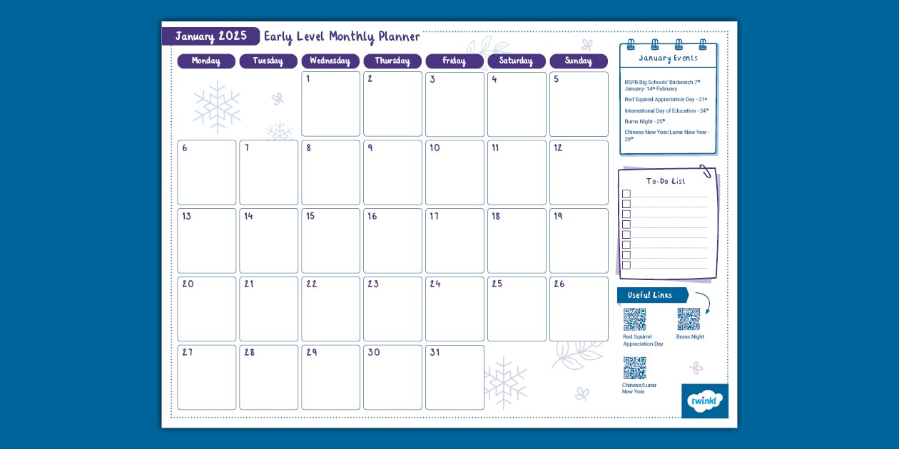 January Early Level Teacher A3 Doodle Planner - Twinkl