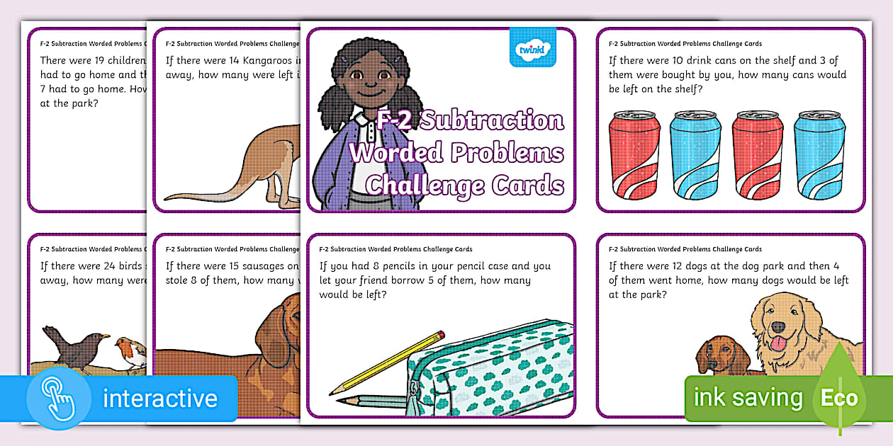 Subtraction Worded Problems Challenge Cards F-2 - Twinkl
