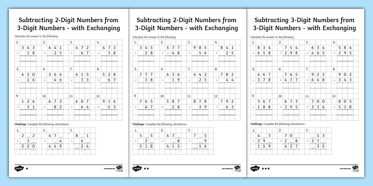 Column Subtraction - 2 Digit Numbers from 3 Digit Numbers