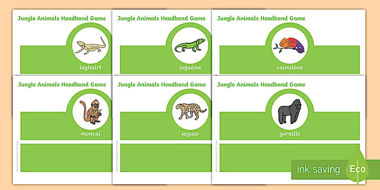Jungle Animals, Oral Language Headband Game Gaeilge - Twinkl