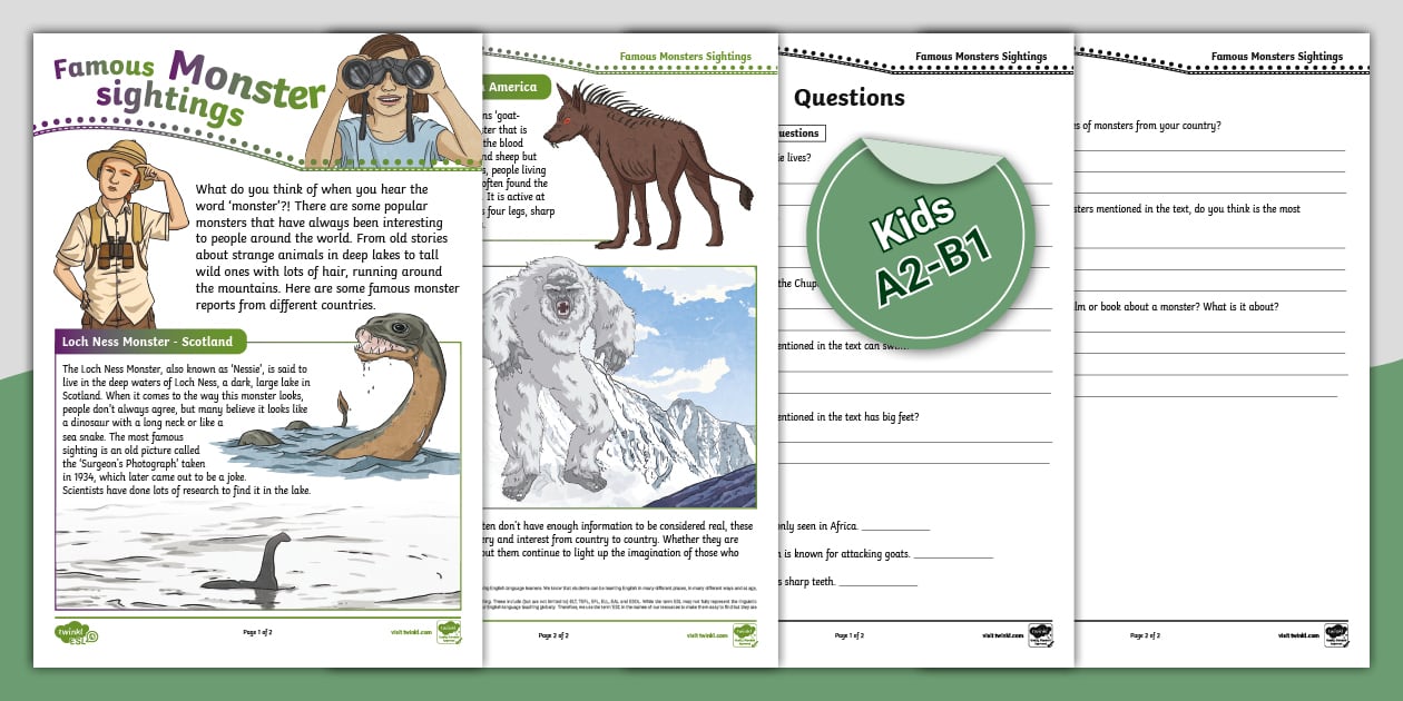 ESL Famous Monster Sightings Reading Comprehension [Kids, A2-B1]