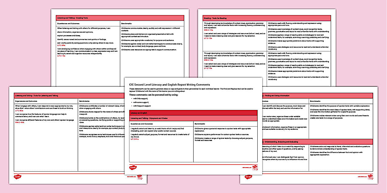 CfE Second Level Literacy and English Report Writing Comment
