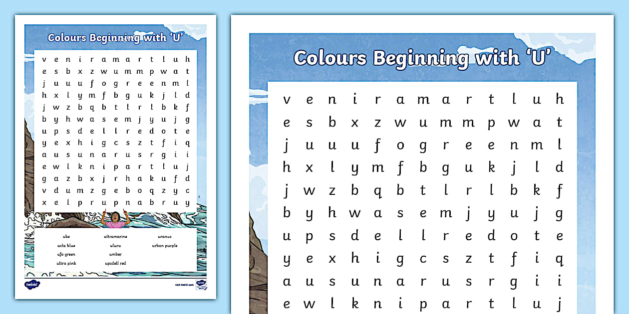 Colour Beginning with 'U' Word Search (teacher made)