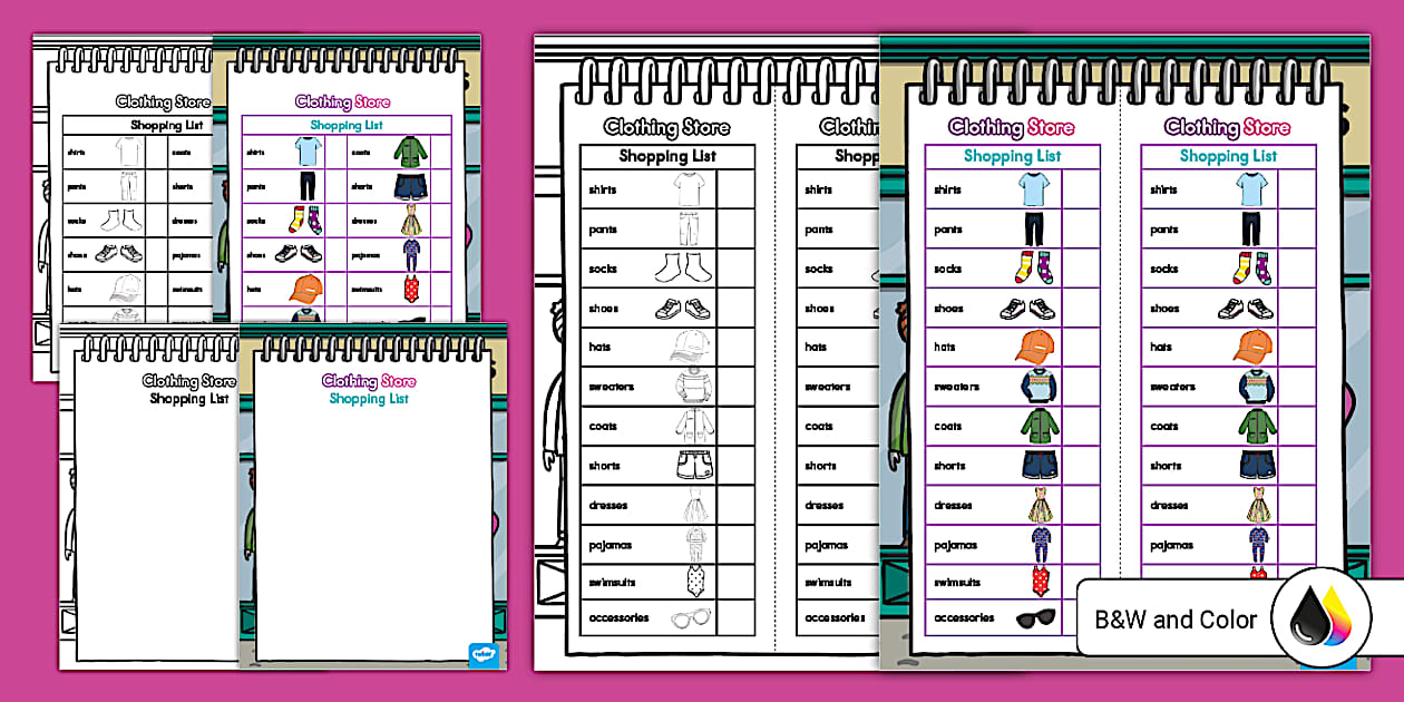 Clothing Store Dramatic Play Shopping List