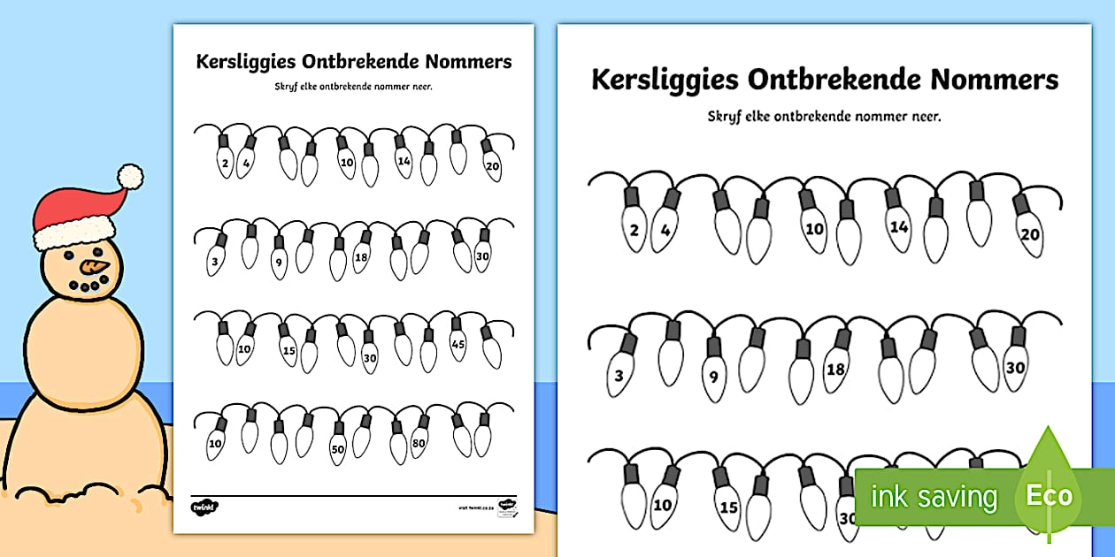 Kersliggies Ontbrekende Nommers Tel in 2s, 3s, 5s en 10s Aktiwiteit bladsy