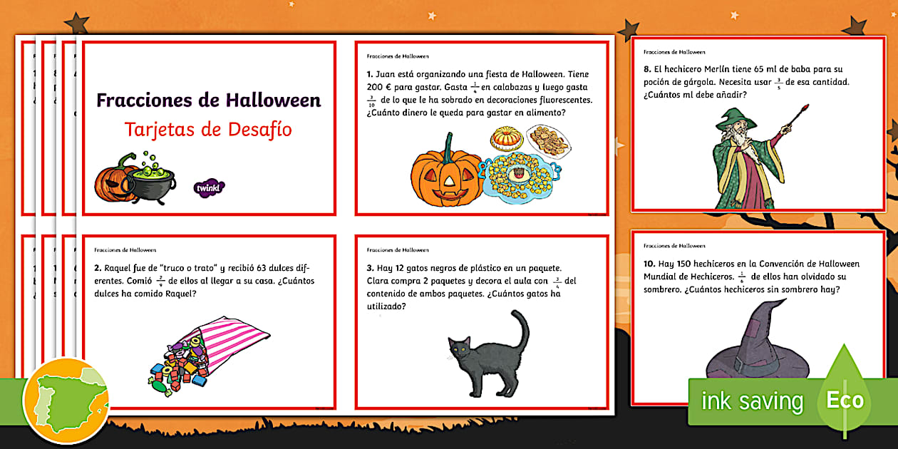 Tarjetas de desafío: Fracciones de Halloween