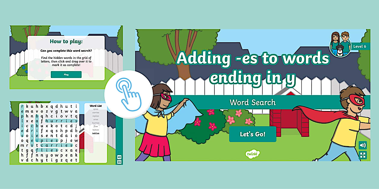 Level 6 'adding -es to words ending in y' Word Search