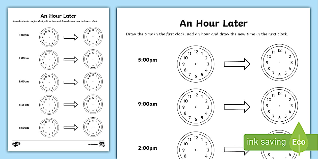 An Hour Later Time Worksheets Year 1 (teacher made) - Twinkl