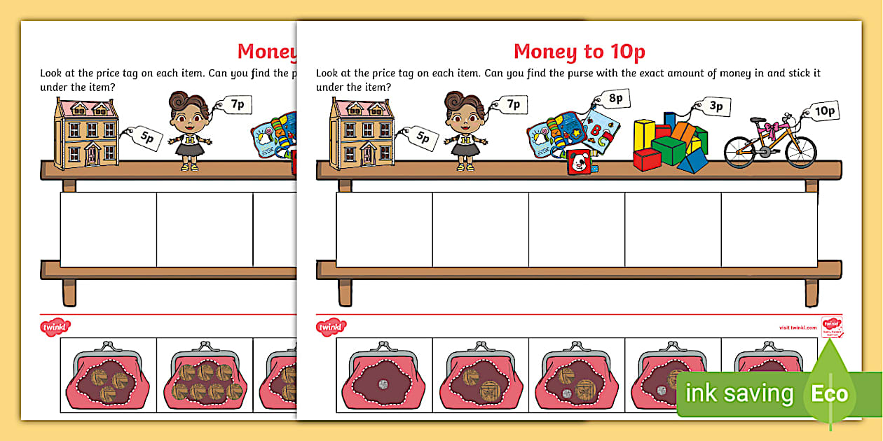 Black and White Money to 10p: At the Toy Shop Activity Sheet