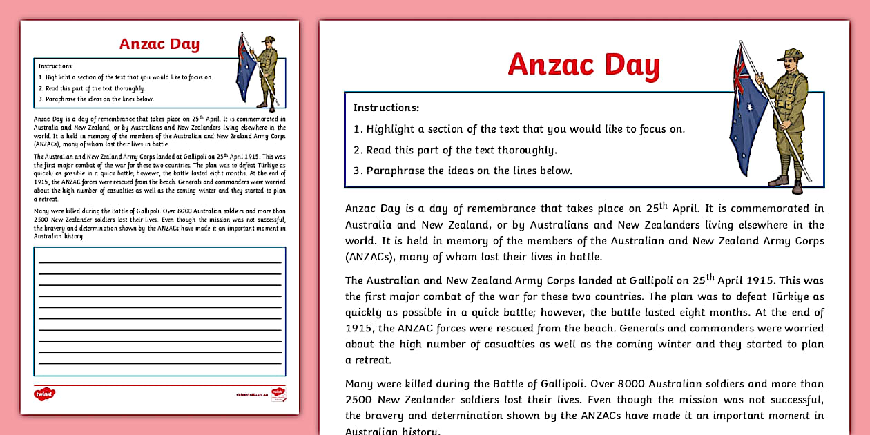ANZAC Day Paraphrasing Worksheet - Twinkl