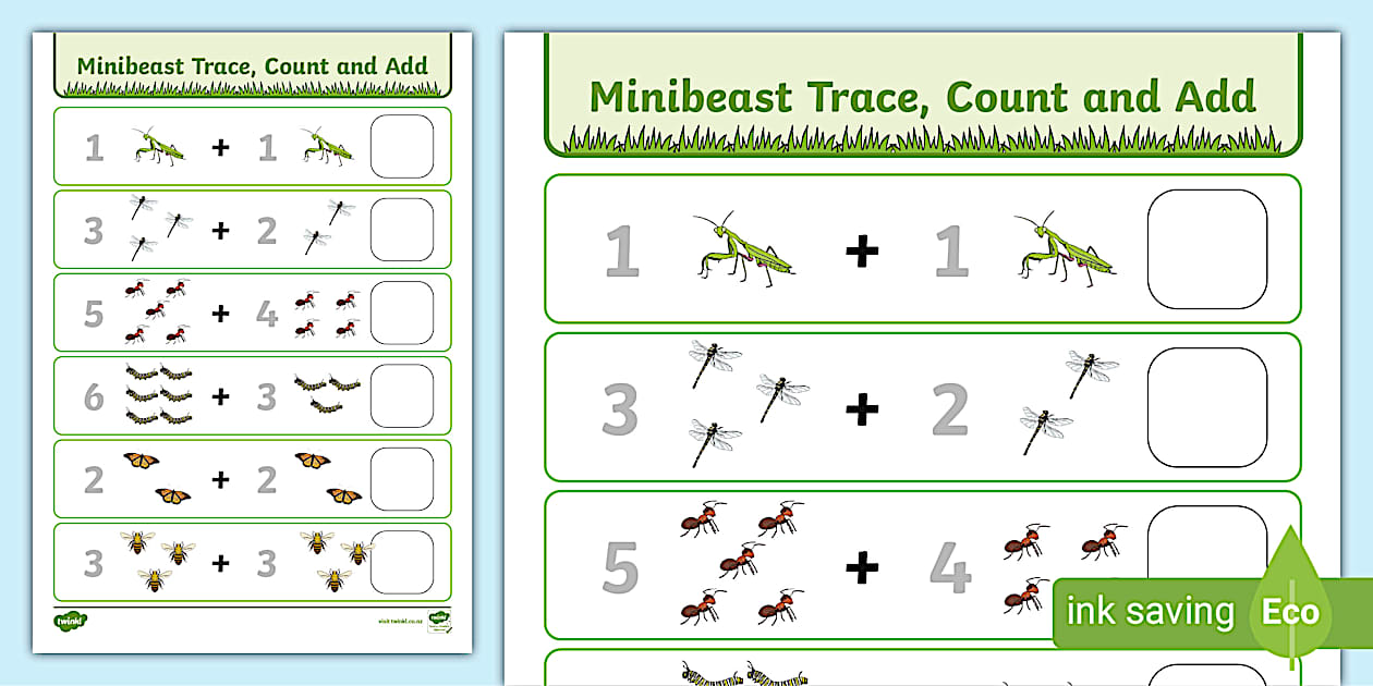 NZ Minibeast Trace, Count and Add Worksheet (teacher made)
