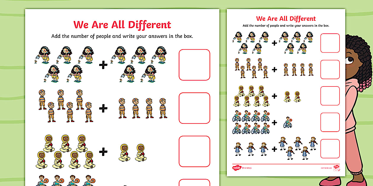 We Are All Different Addition to 10 Worksheet (teacher made)