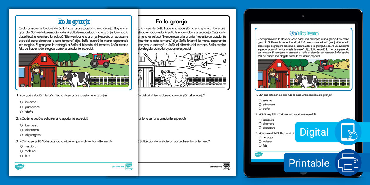 Actividad de comprensión de lectura de primer grado: En la granja
