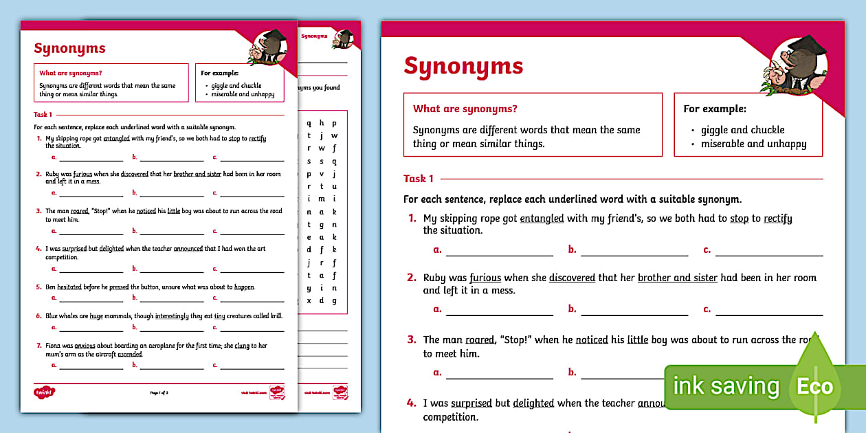 Synonyms Activity Sheets (teacher made) - Twinkl