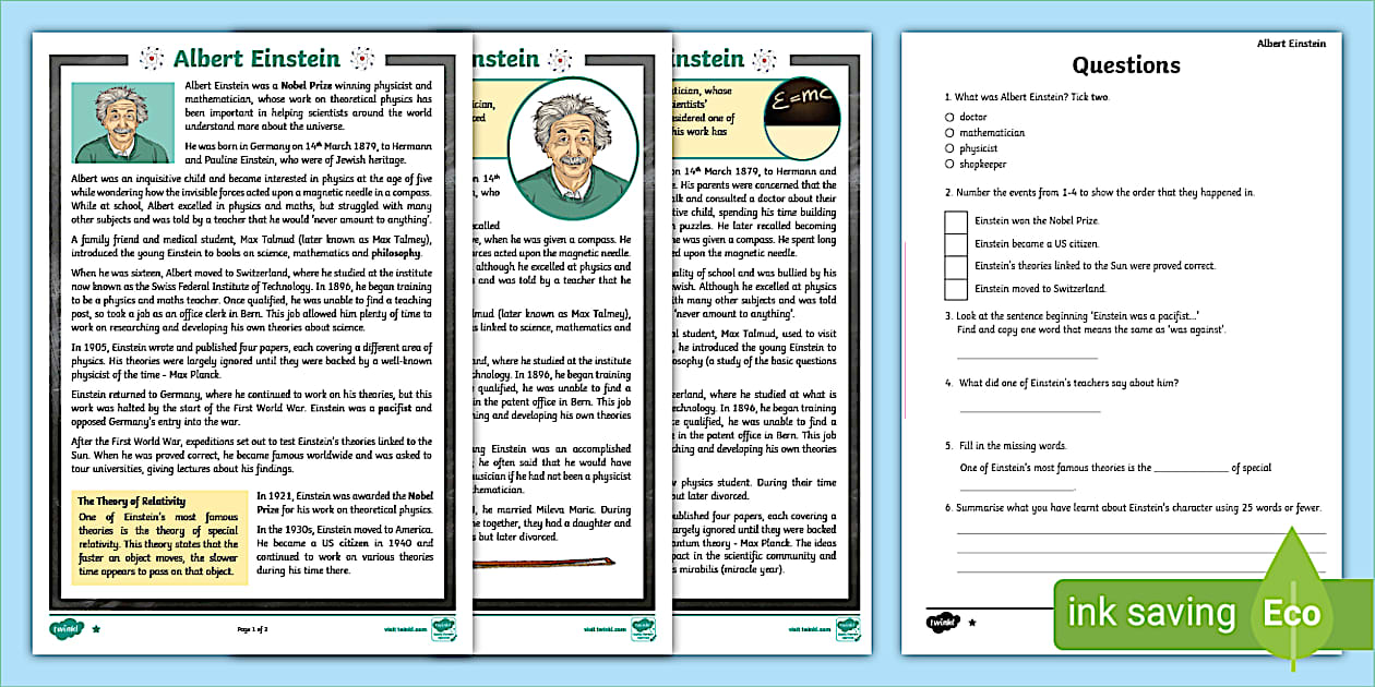 Albert Einstein KS2 Reading Comprehension Activity - Twinkl