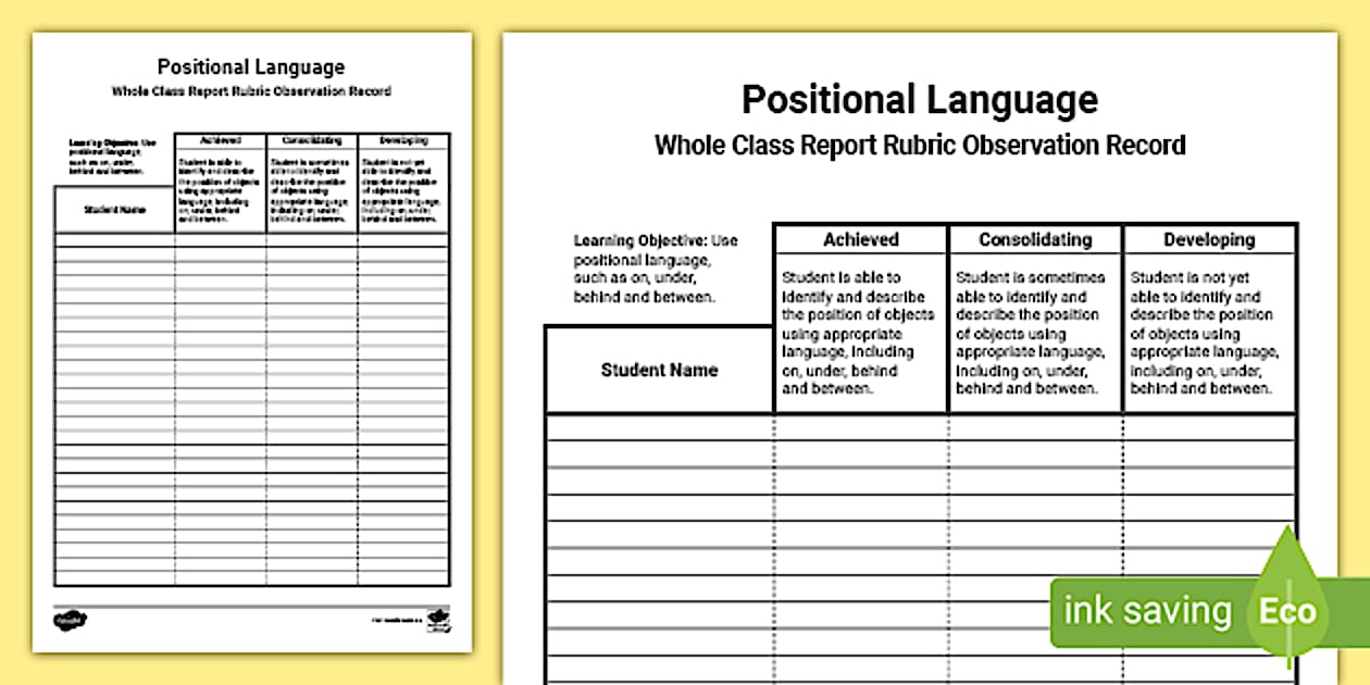 Editable Positional Language EYLF Assessment Rubric/Guide to Making ...