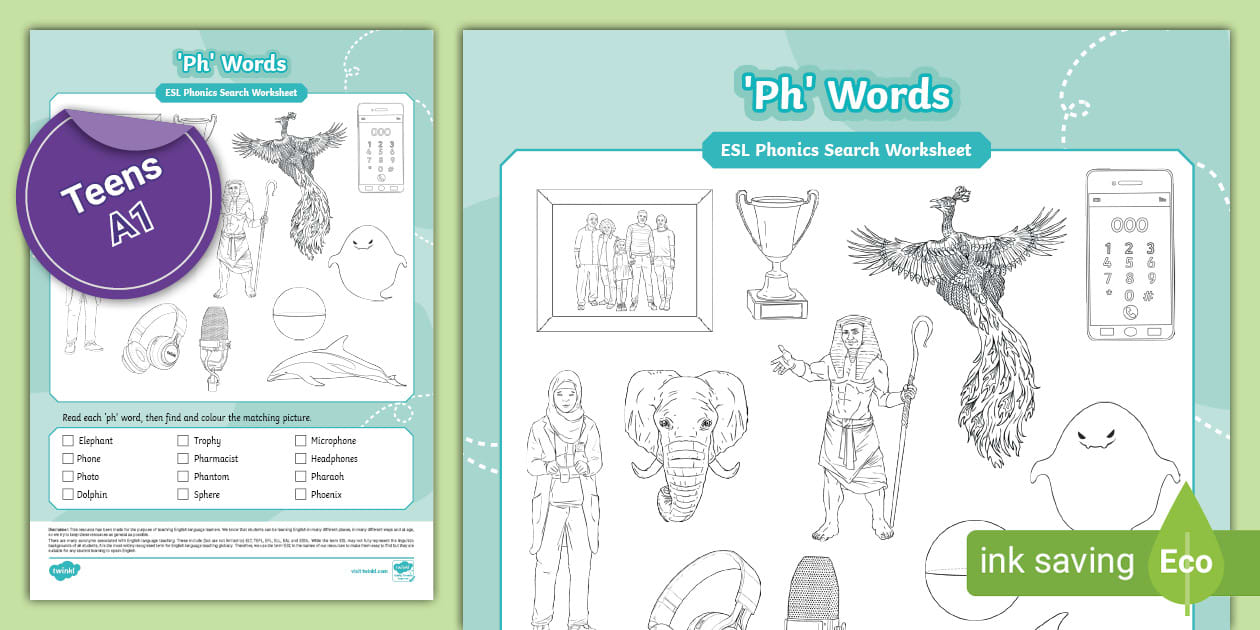 ESL 'Ph' Words Phonics Search Worksheet (teacher made)