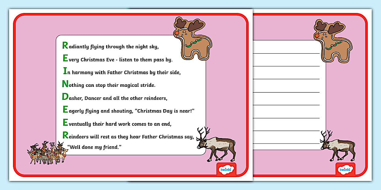 Reindeer Acrostic Poem Example and Template (teacher made)