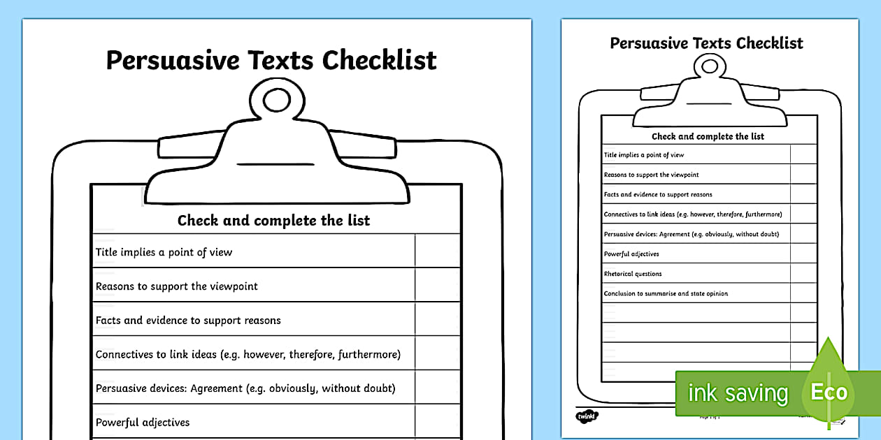 Editable Features of Persuasive Texts Checklist - Twinkl