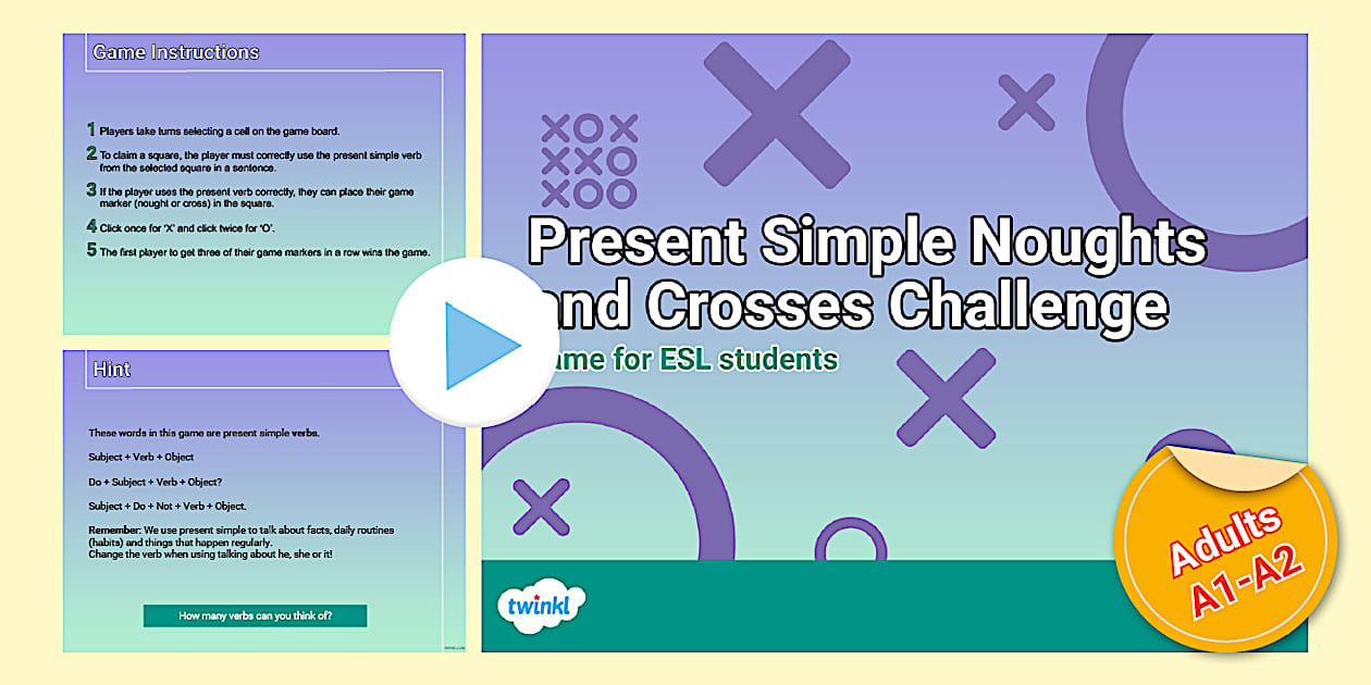 ESL Present Simple Verbs Noughts and Crosses [Adults, A1-A2]