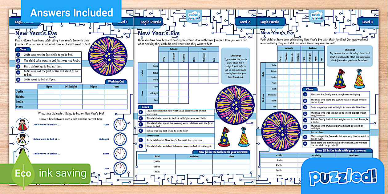 New Year's Eve Logic Puzzle - Twinkl - Kids Puzzles