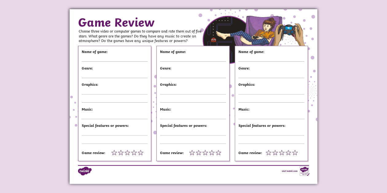 Game Review Worksheet - Twinkl Worksheets - Twinkl