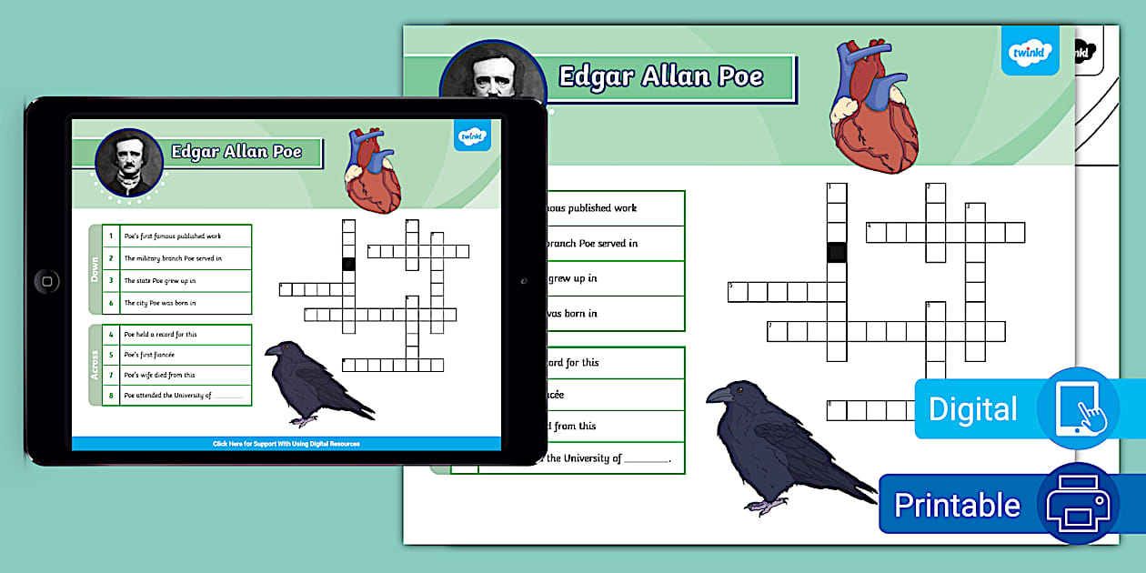 Edgar Allan Poe Crossword Puzzle for 6th-8th Grade - Twinkl