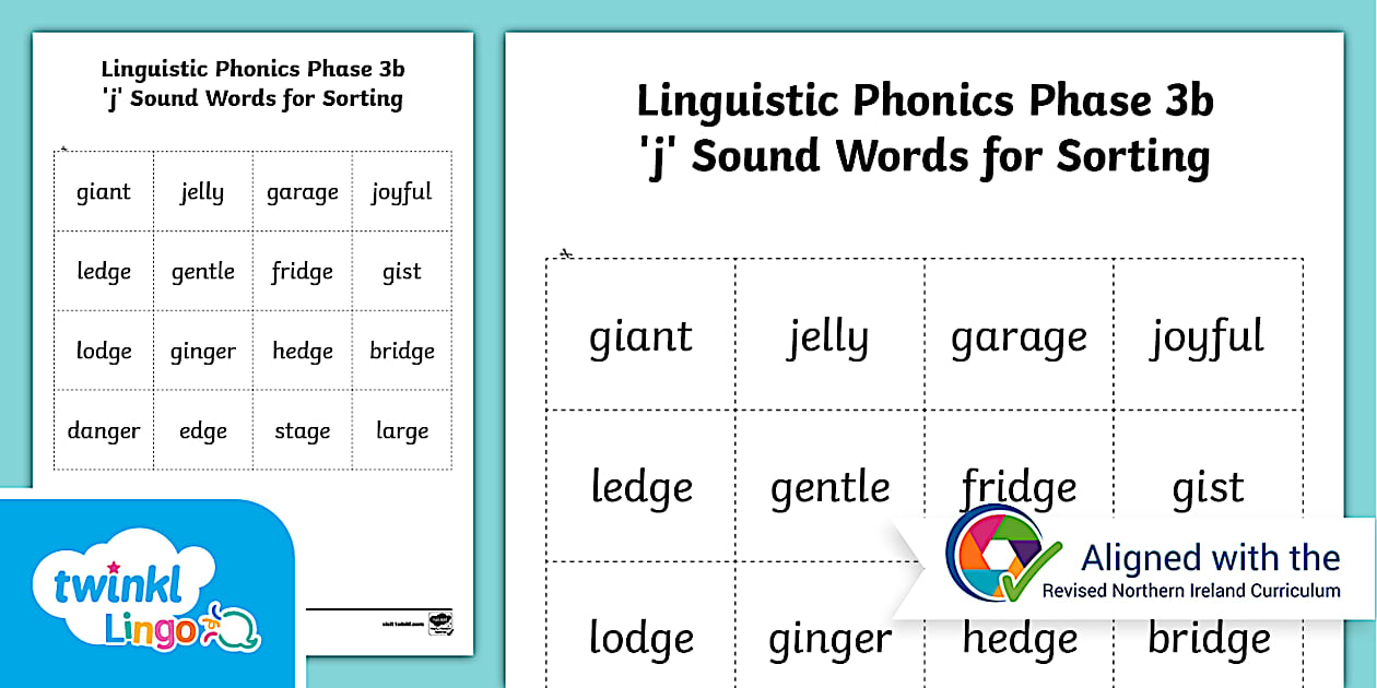 Northern Ireland Linguistic Phonics Phase 3b 'j' Sound Words for Sorting