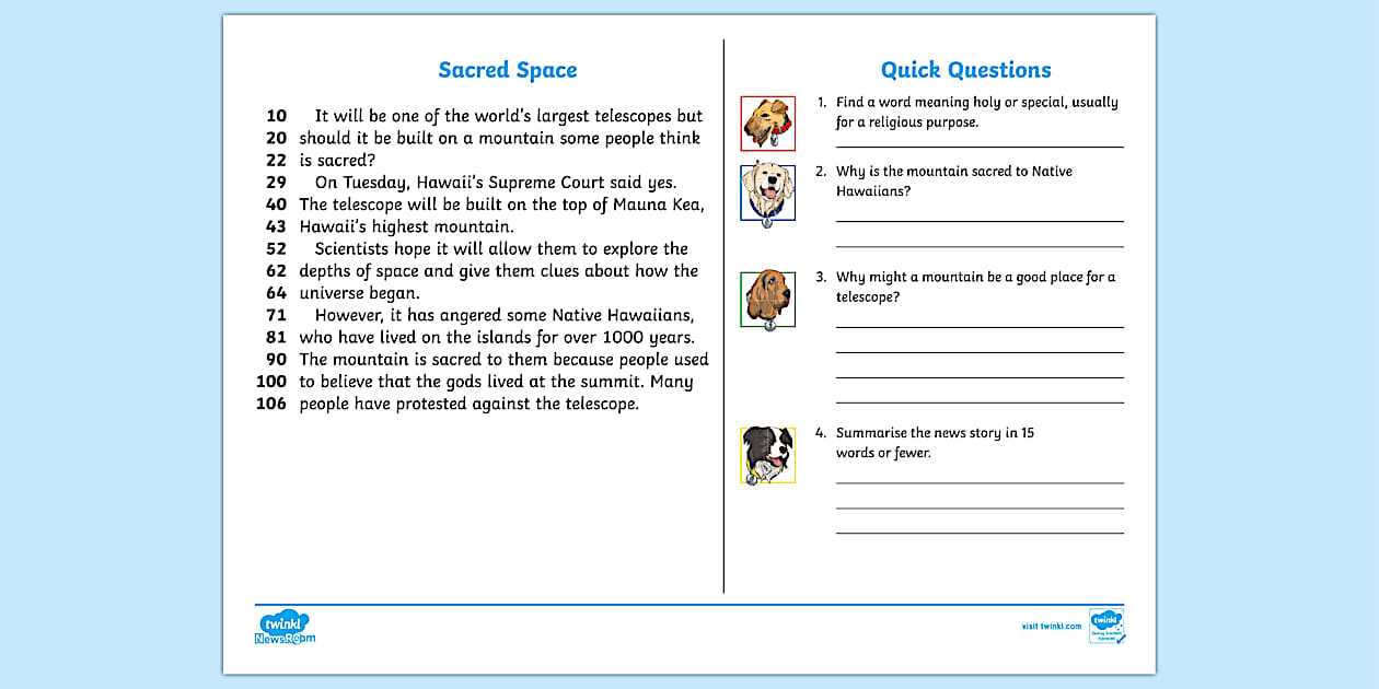LKS2 Sacred Space Daily News 60-Second Read Activity Cards