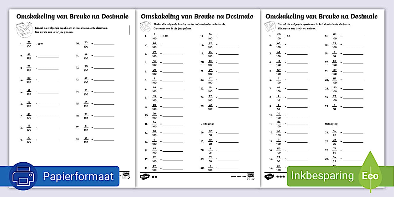 Gewone Breuke Na Desimale Breuke - Werkkaarte Graad 4-6