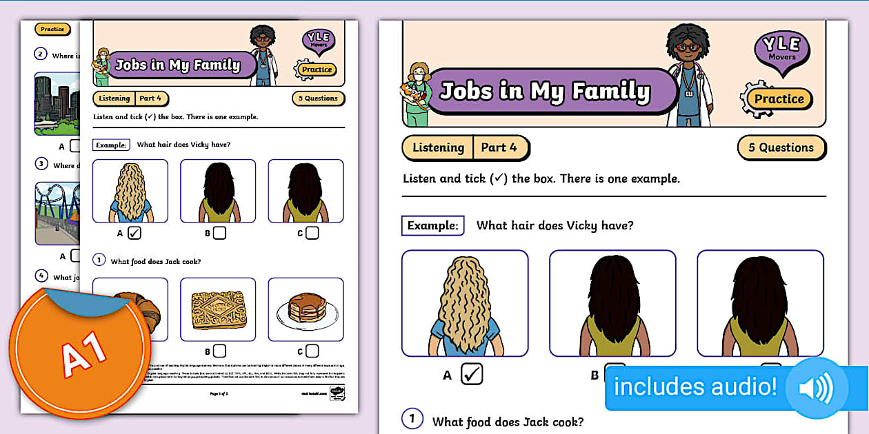 YLE Movers - Listening Part 4 - Practice Sheet (Jobs in My Family) [A1]