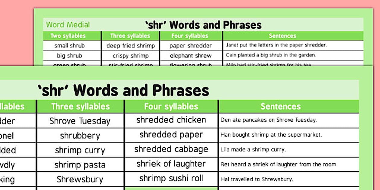 SHR Word List (teacher made) - Twinkl