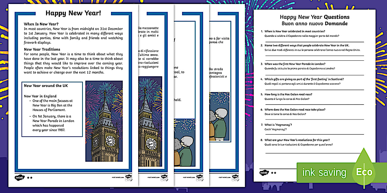 New Year Differentiated Reading Comprehension Activity English/Italian