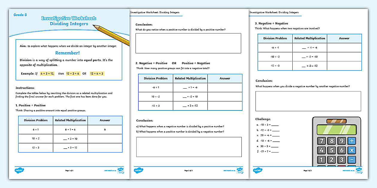 Dividing Integers: Grade 8 Investigation Worksheet - Twinkl