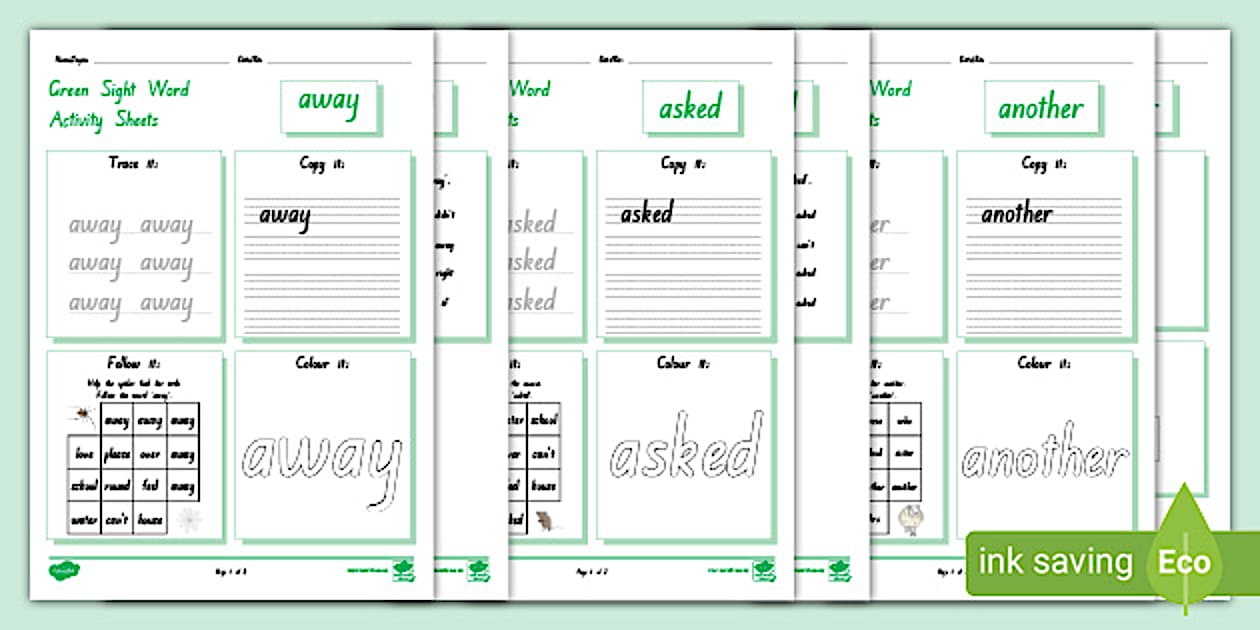 New Zealand Green Sight Words Worksheets (teacher made)