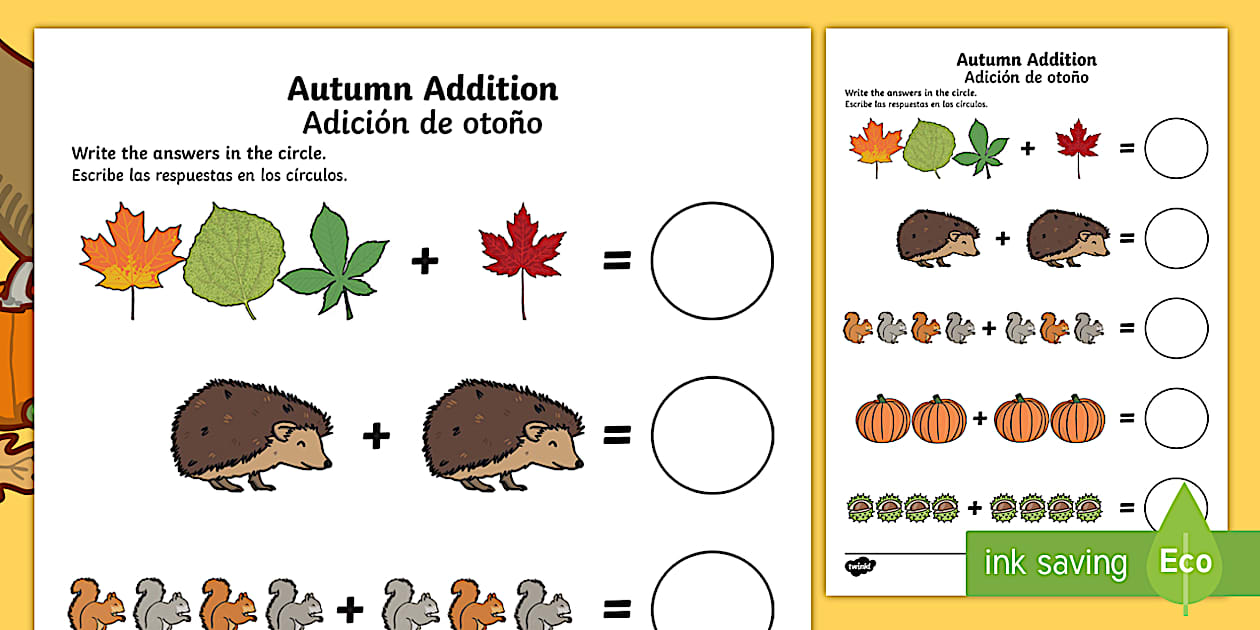 Autumn up to 10 Addition Sheet - English/Spanish - Autumn Addition Sheet