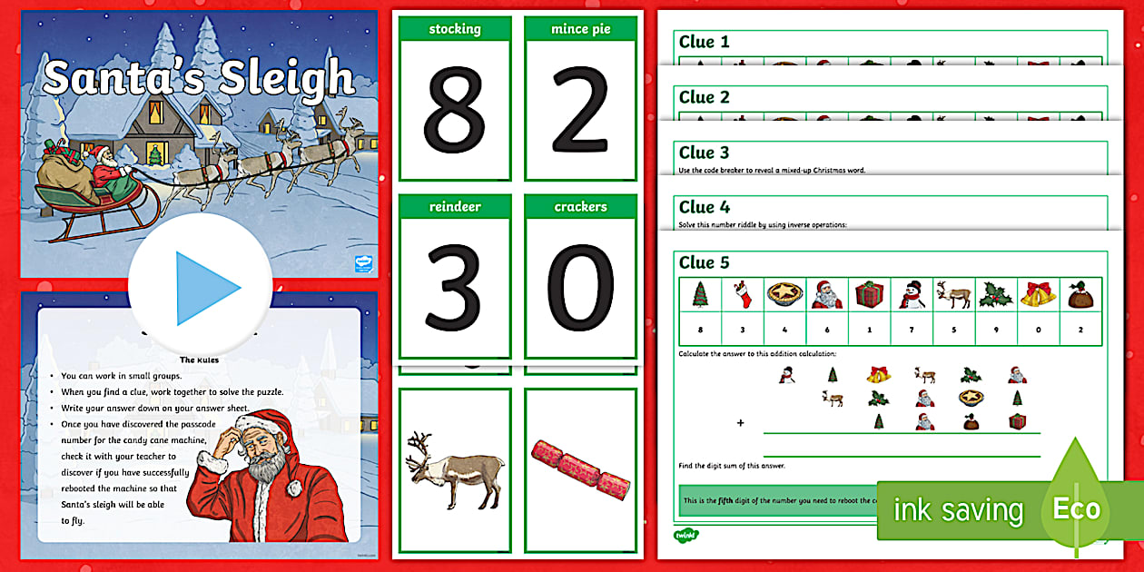 Santa's Sleigh Christmas Escape the Room Maths Game - Twinkl