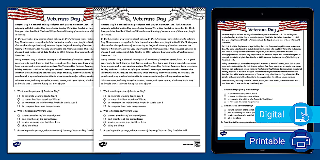 Sixth Grade Veterans Day Reading Passage Comprehension Activity